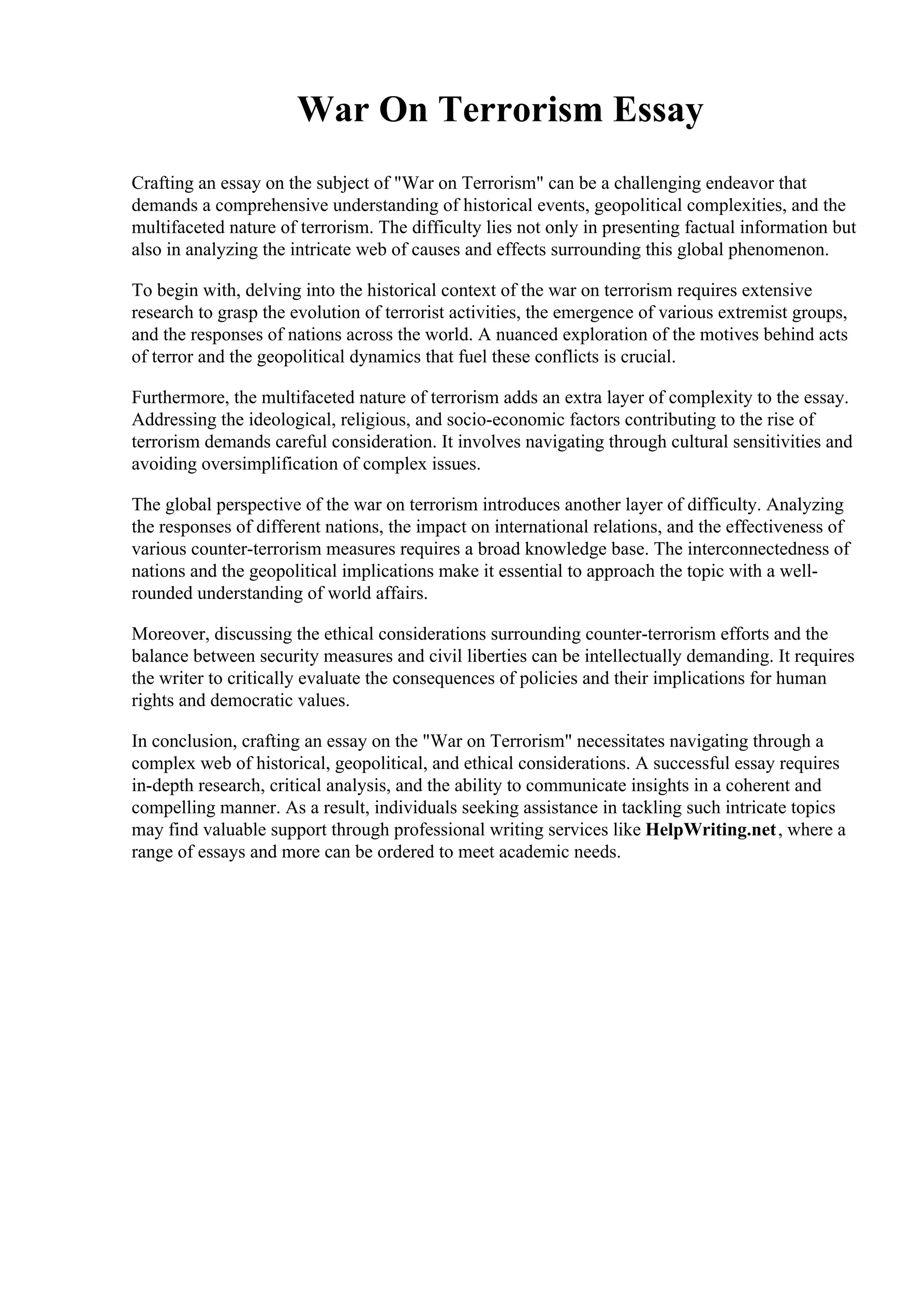 War On Terrorism Essay. St. Mary's University (Texas) | PDF