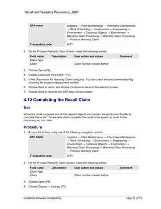 Warranty processing recall bbp | DOC | Recalls | Consumer Issues