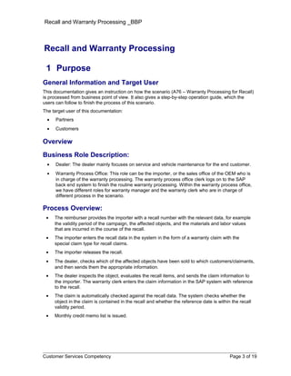 Warranty processing recall bbp | DOC | Recalls | Consumer Issues