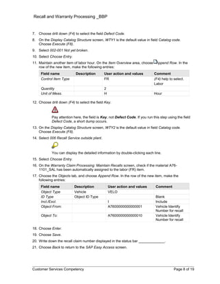 Warranty processing recall bbp | DOC | Recalls | Consumer Issues