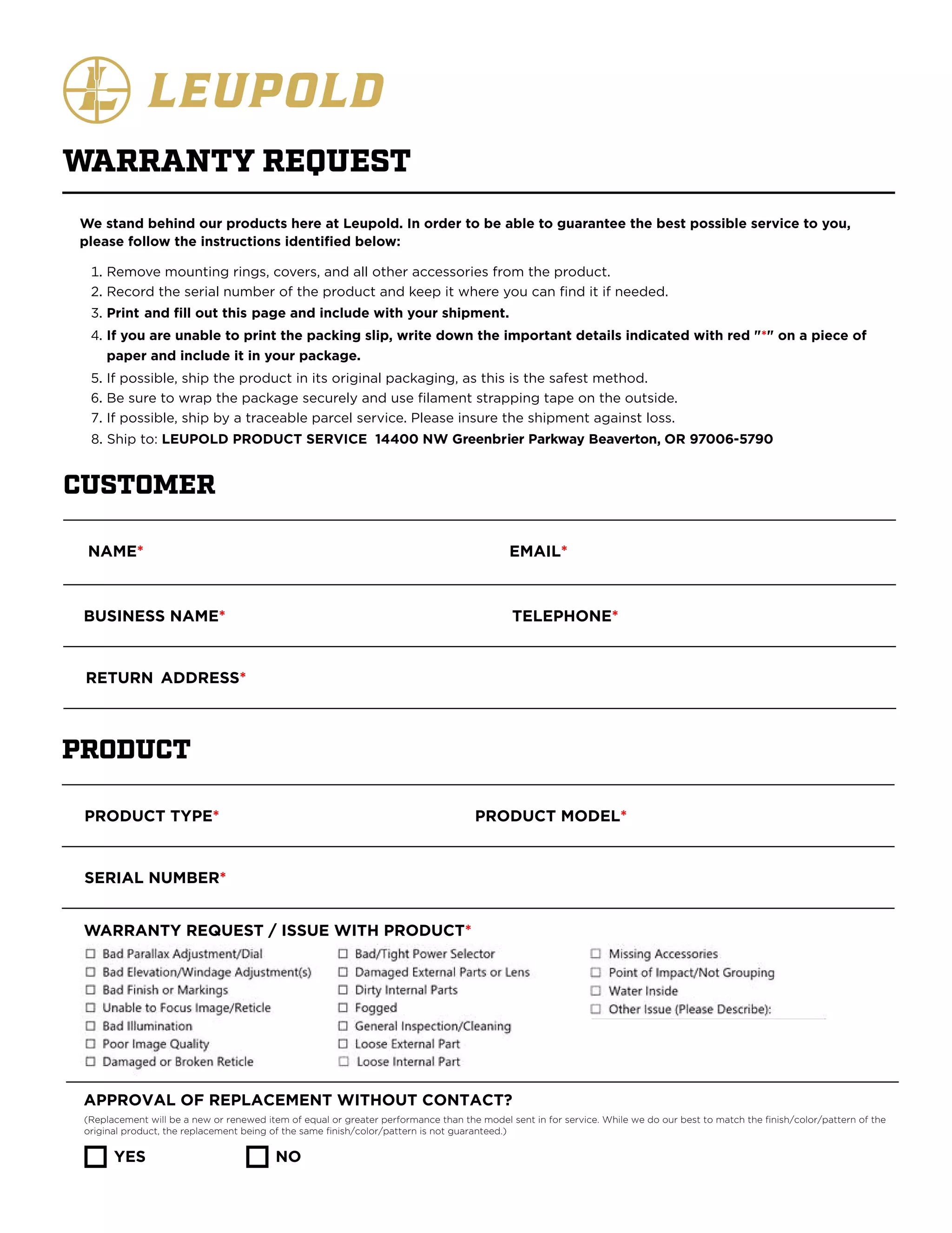Warranty Request Form | Leupold | Optics Trade | PDF