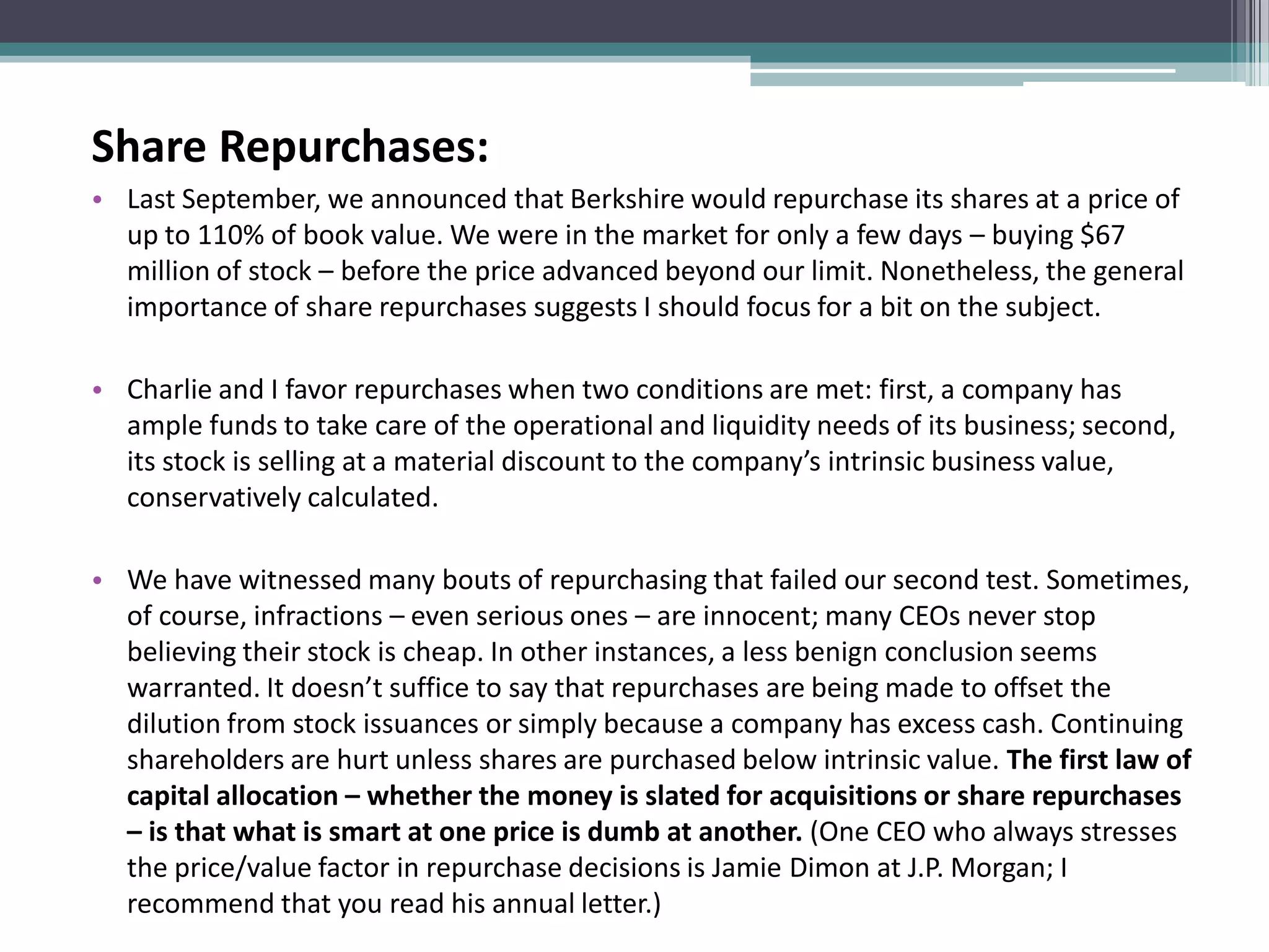 Warren buffet’s letter to shareholders 2011 | PPTX