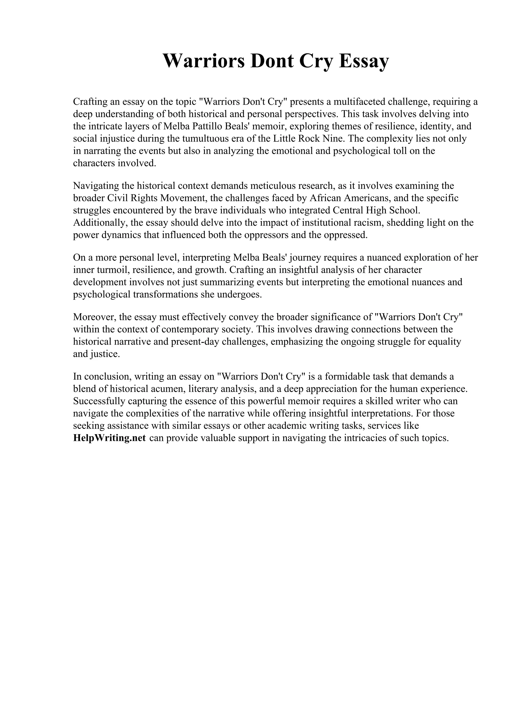 Warriors Dont Cry Essay. Bay State College | PDF