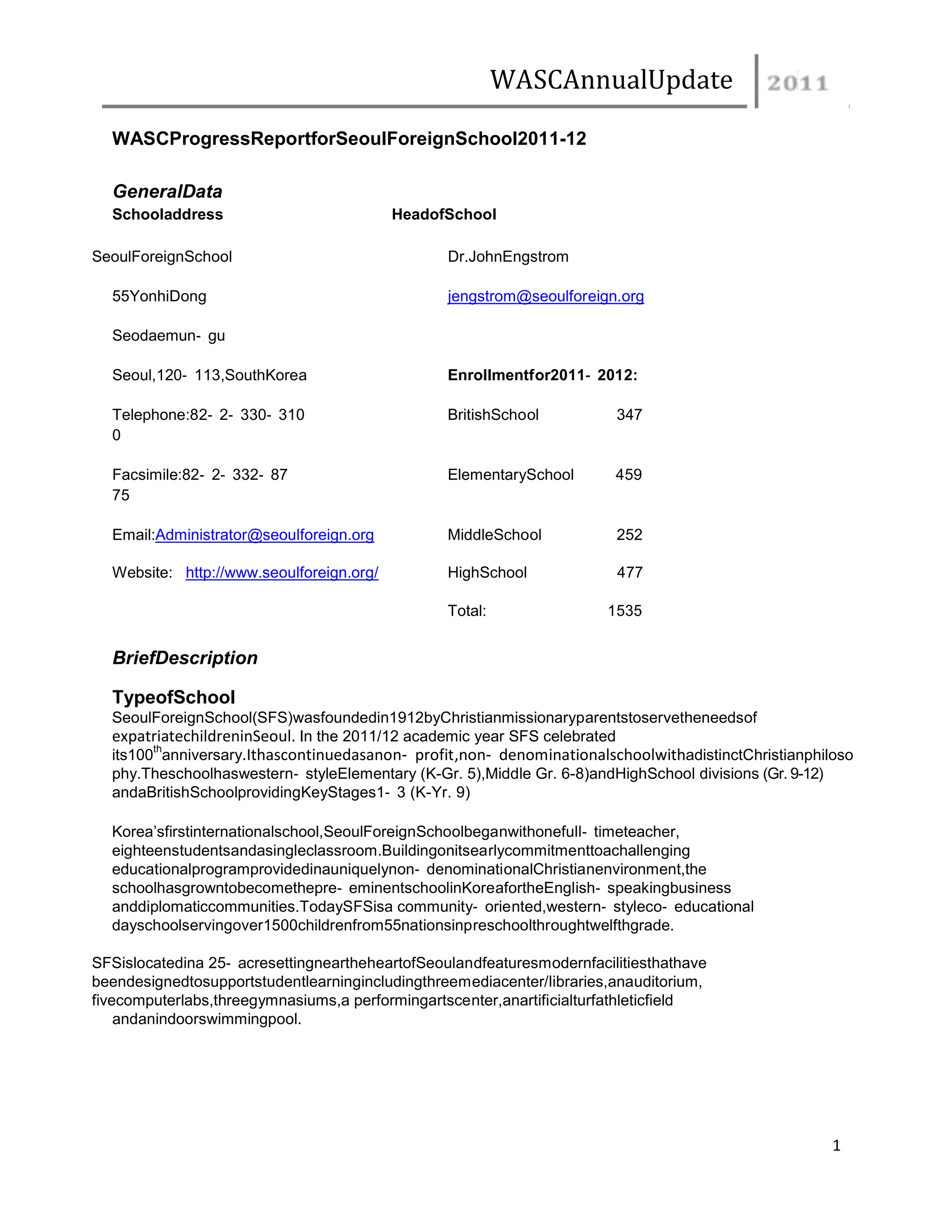Wasc final progress report for seoul foreign school june 2012 | PDF