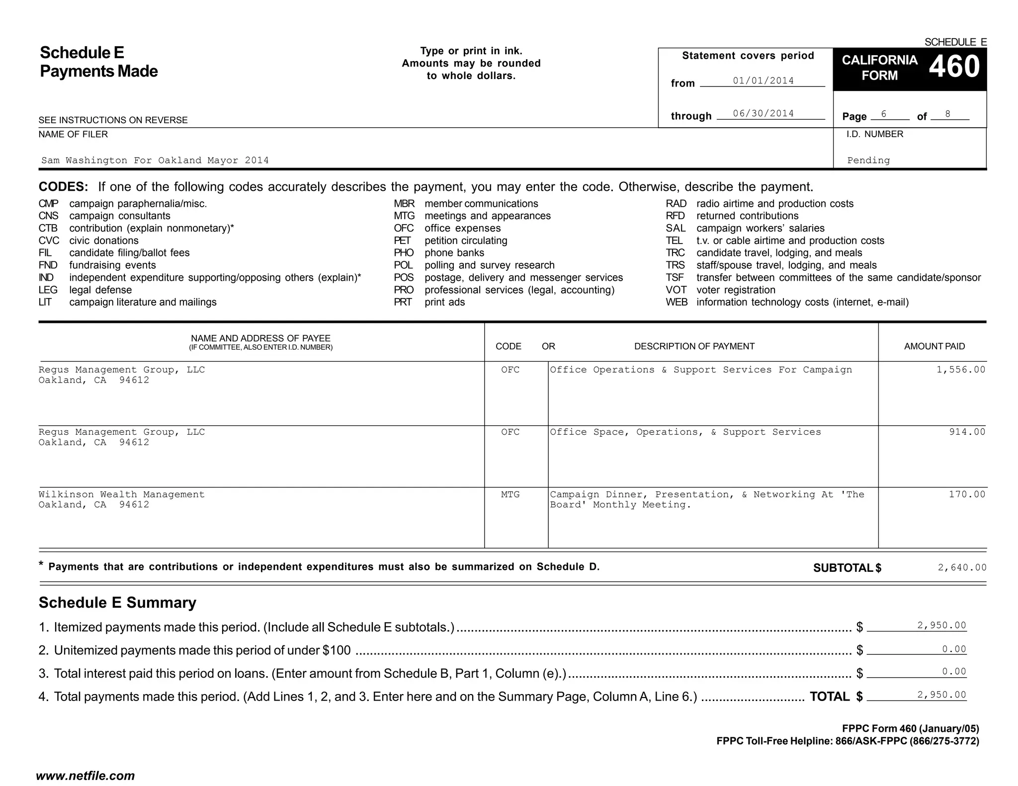 Sam Washington FPPC Form 460 1-1-14 to 6-30-14 | PPT