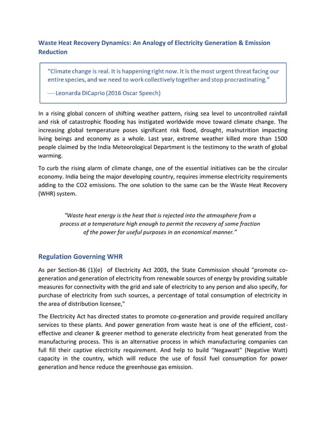 Waste heat recovery dynamics an analogy of electricity generation ...