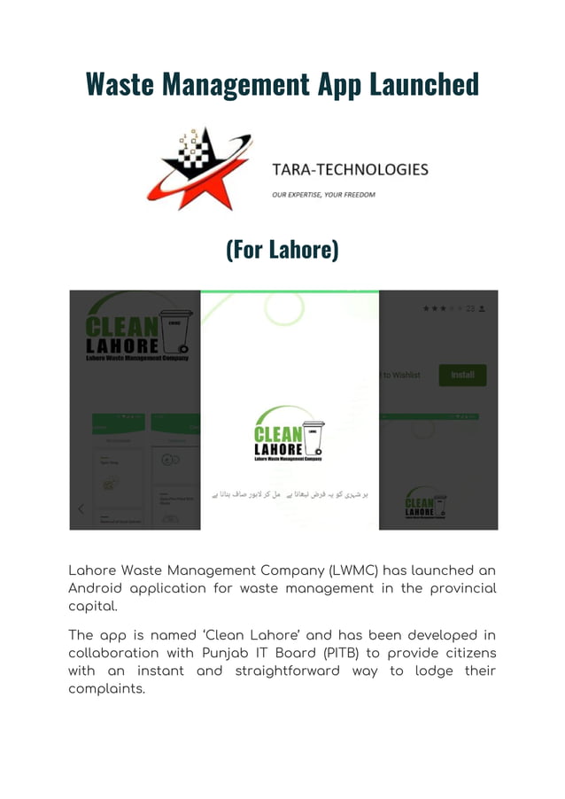 Waste management app launched for lahore | TARA-Technologies | PDF