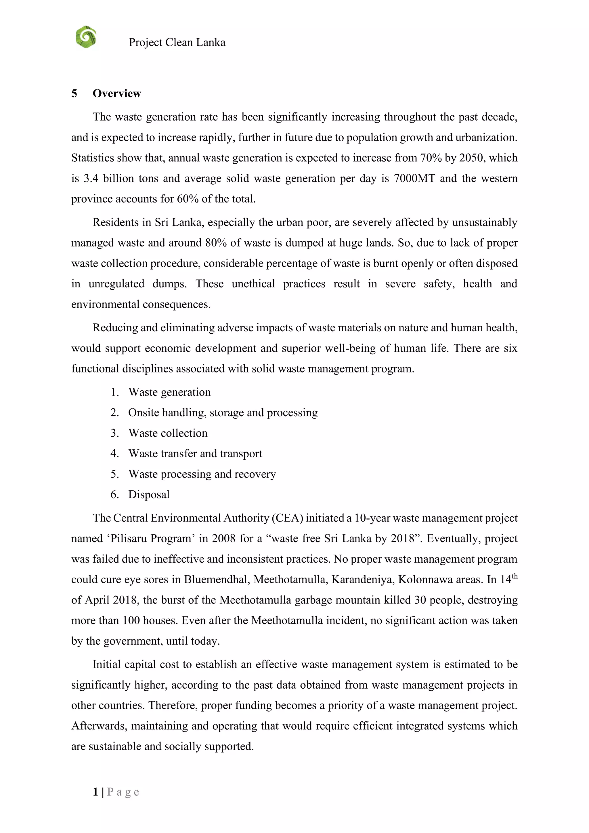 Waste management project proposal for sri lanka | PDF