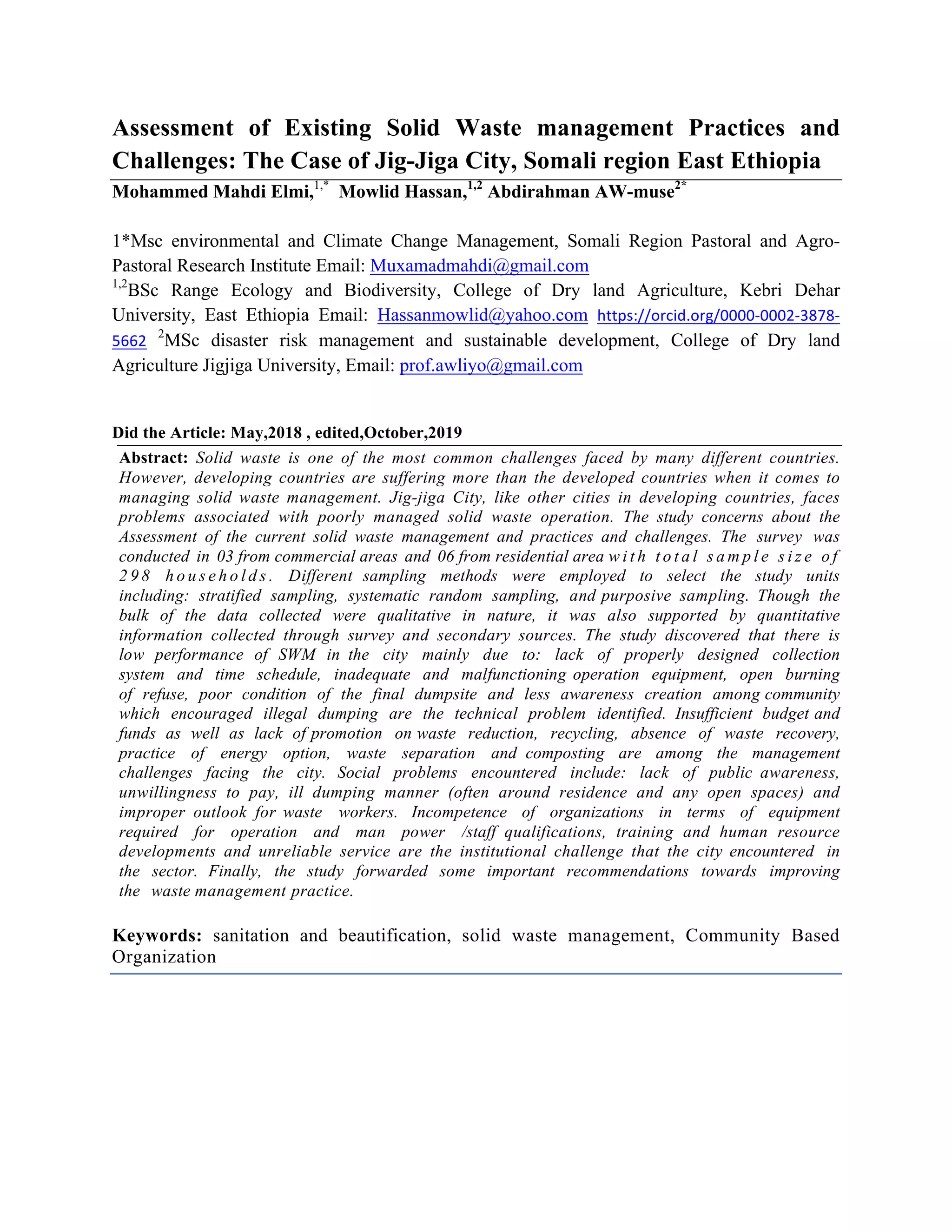 Assessment of Existing Solid Waste management Practices and Challenges ...