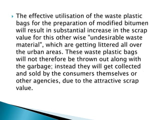 Waste Plastic Recycling For Bitumen | PPTX