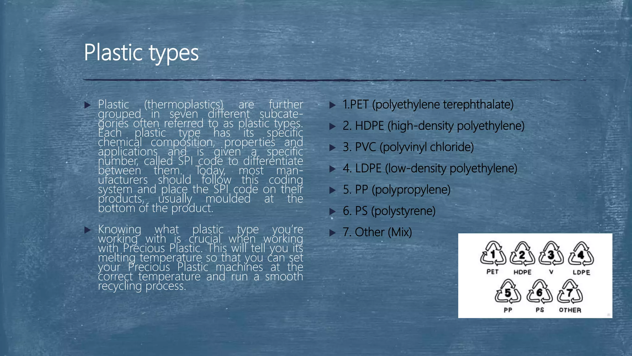 Waste recycling plastic ppt ( types of plastic) | PPTX | Chemistry ...