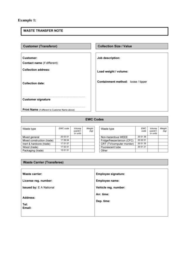 Waste Transfer Note Examples