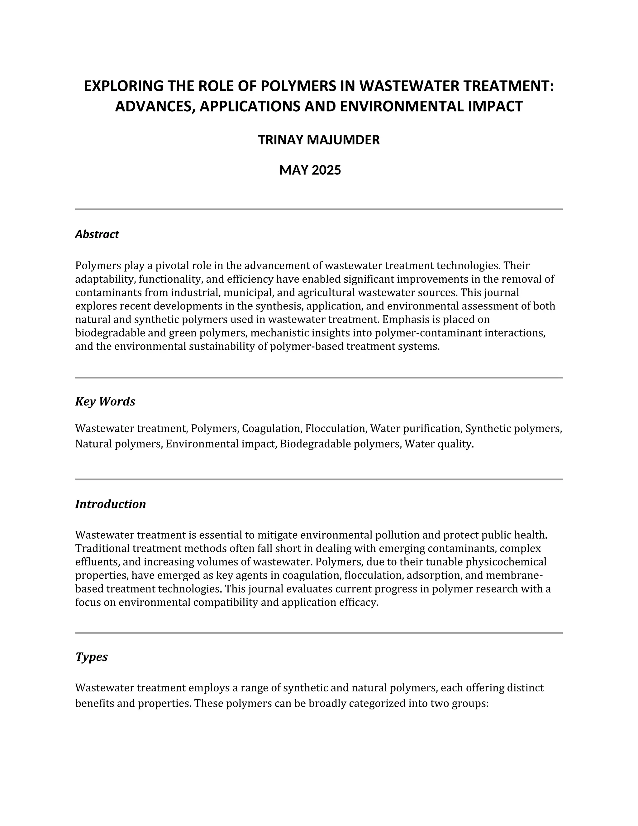 ROLE OF POLYMERS IN WASTEWATER TREATMENT | PDF