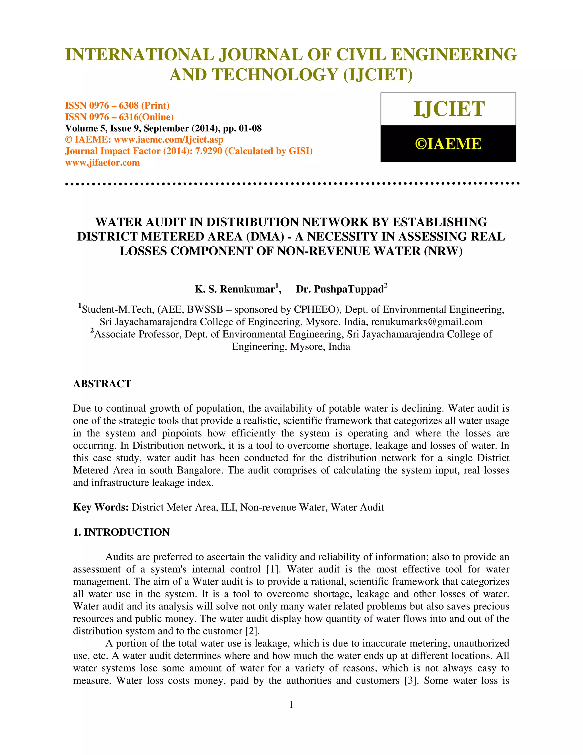 Water audit in distribution network by establishing district metered ...