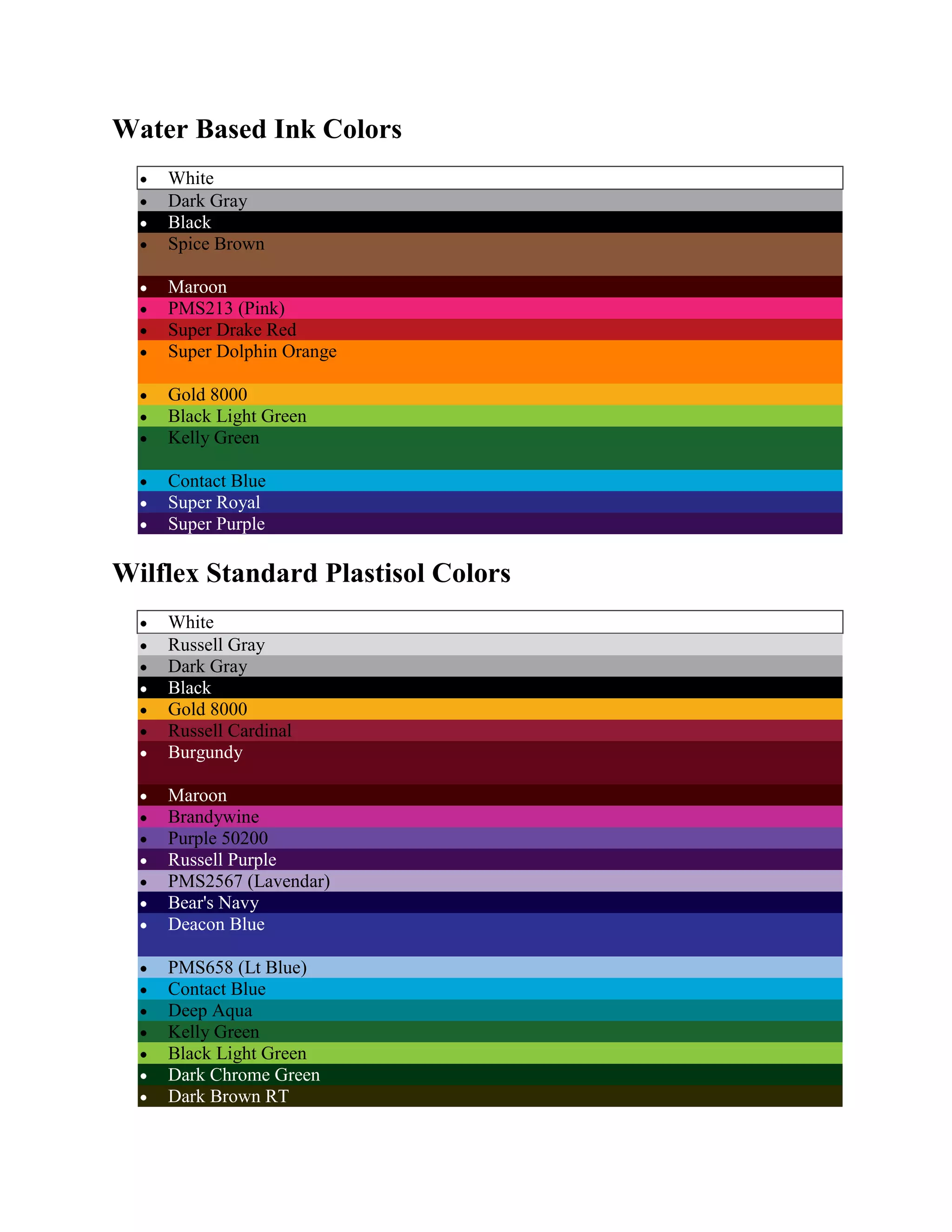 Water based ink colors | DOCX