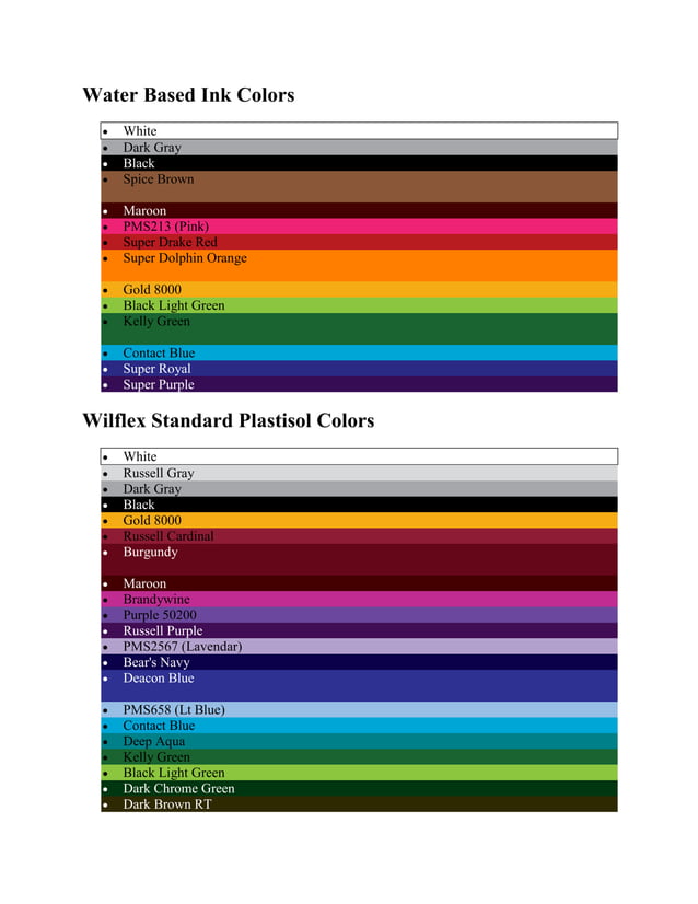 Water based ink colors | DOCX