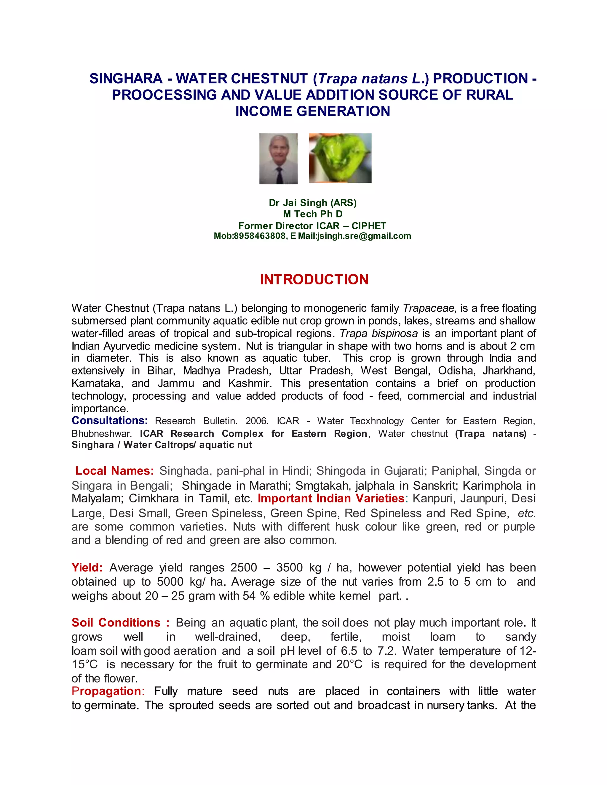 SINGHARA - WATER CHESTNUT (Trapa natans L.) PRODUCTION -PROOCESSING AND ...