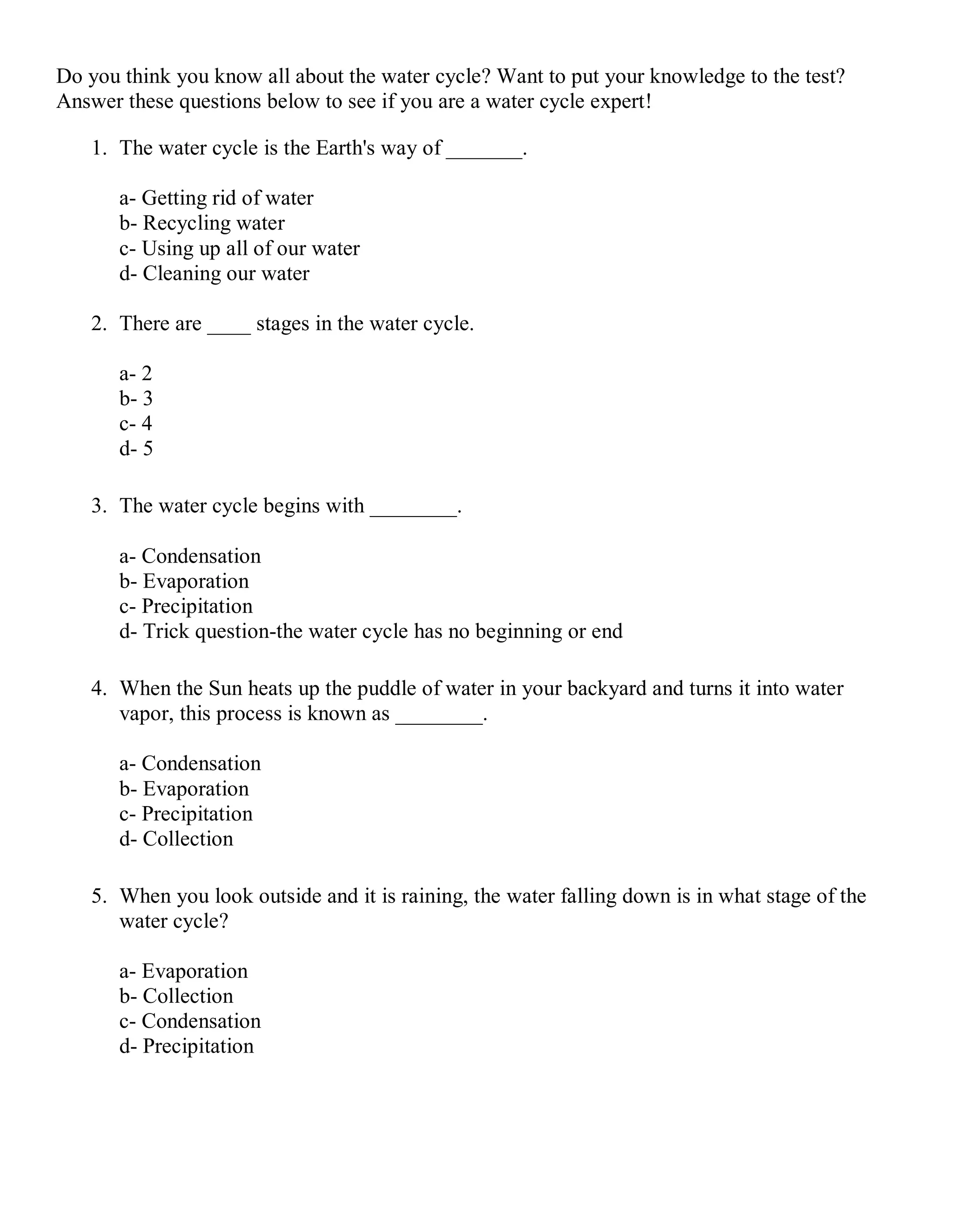 Water cycle test | PDF | Chemistry | Science