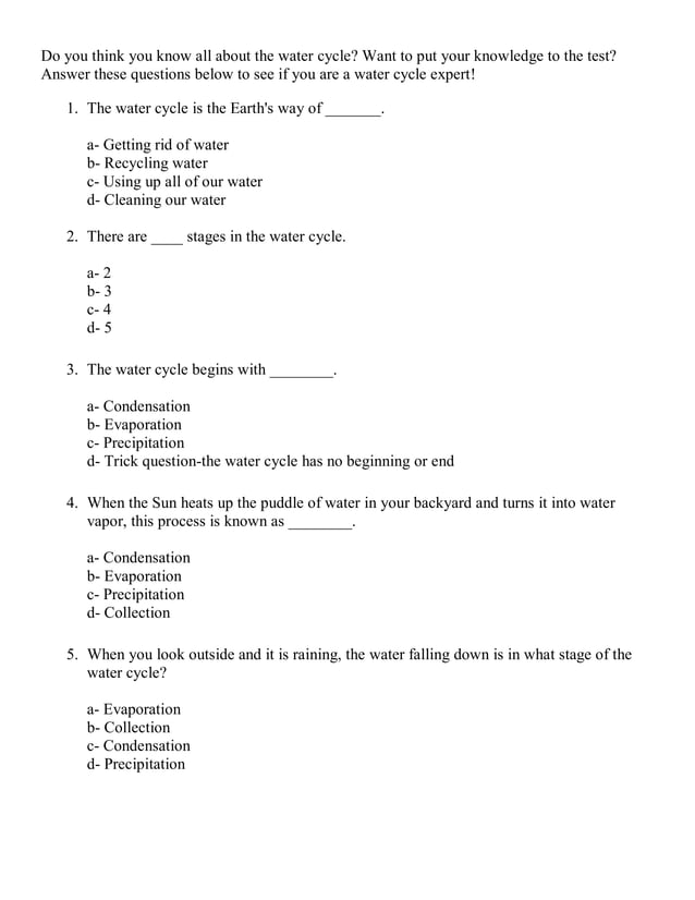 Water cycle test | PDF | Chemistry | Science