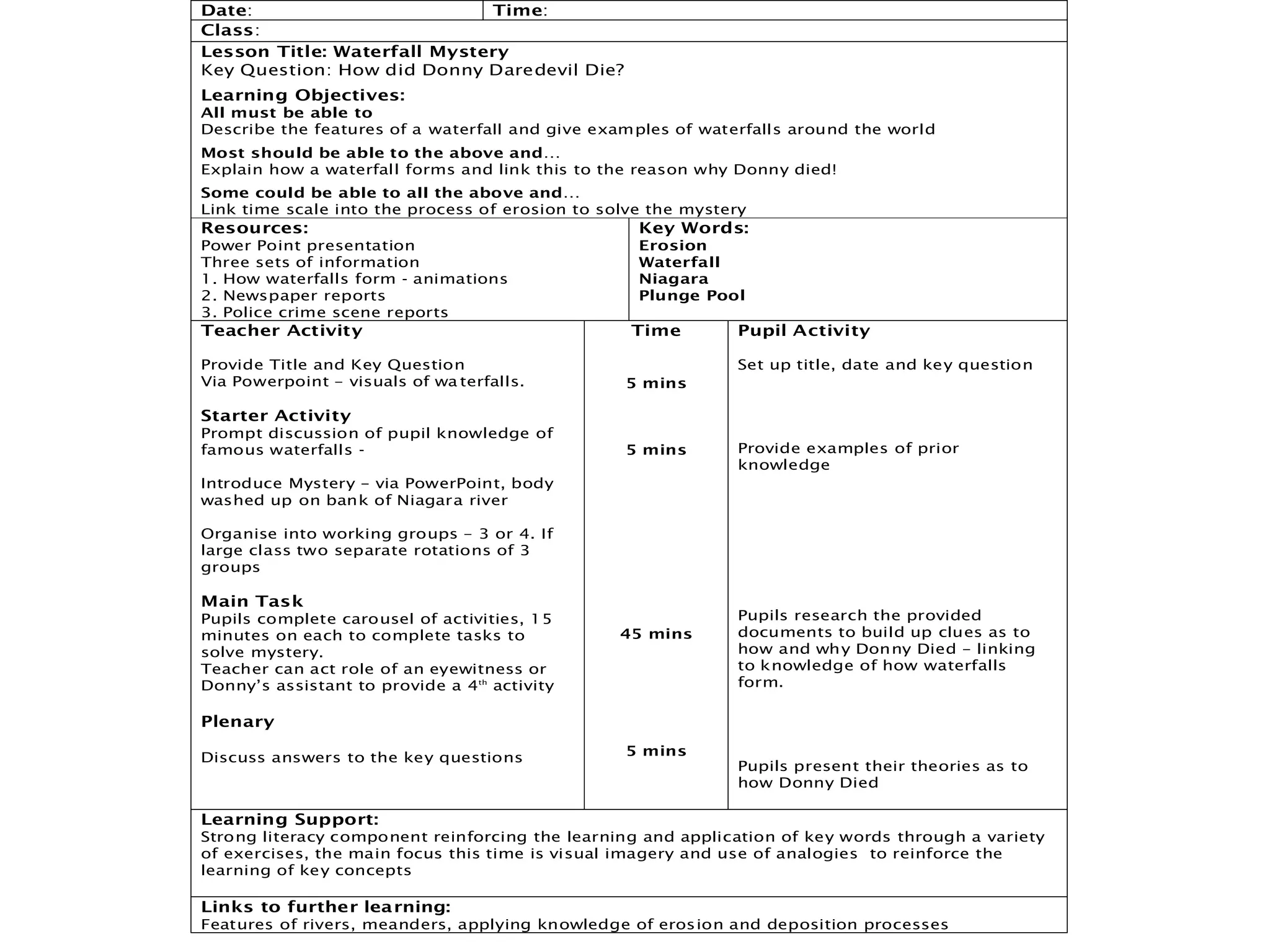 Waterfalls Mystery - student and teacher sheets | PPT