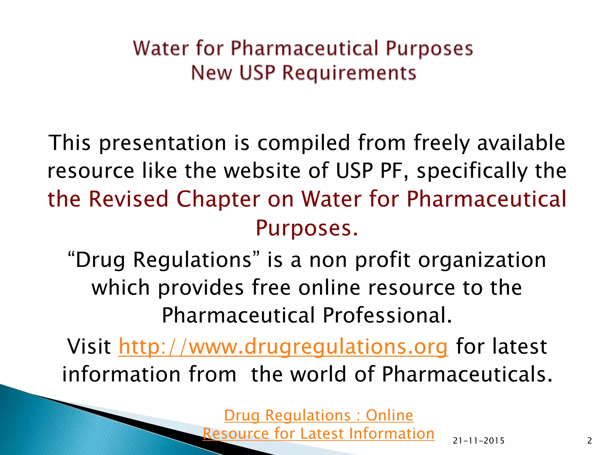Water for Pharmaceutical Purposes - New USP Requriements | PPTX ...