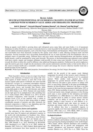 MULTIFACETED POTENTIAL OF EICHHORNIA CRASSIPES (WATER HYACINTH) LADENED ...