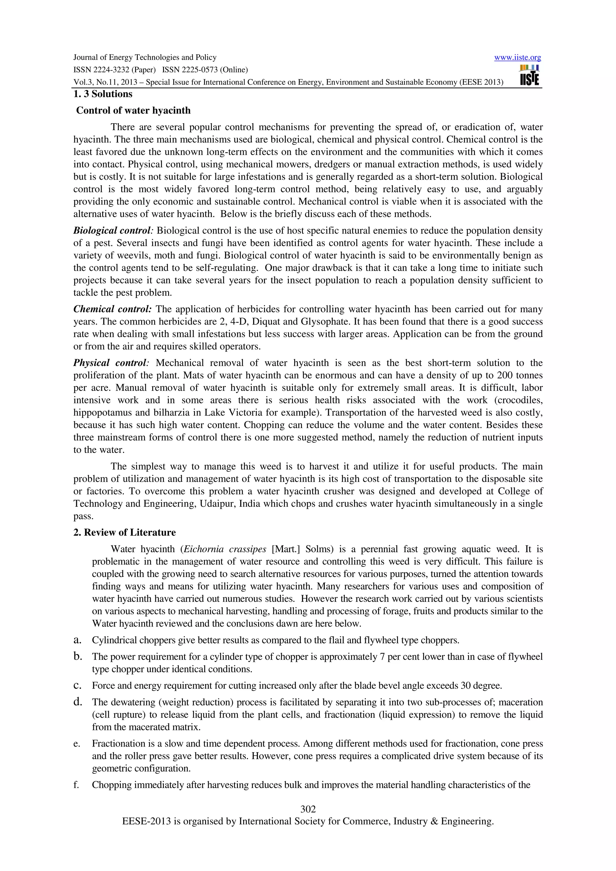 Water hyacinth ((eichhornia crassipes [mart.]solms) chopper cum crusher ...