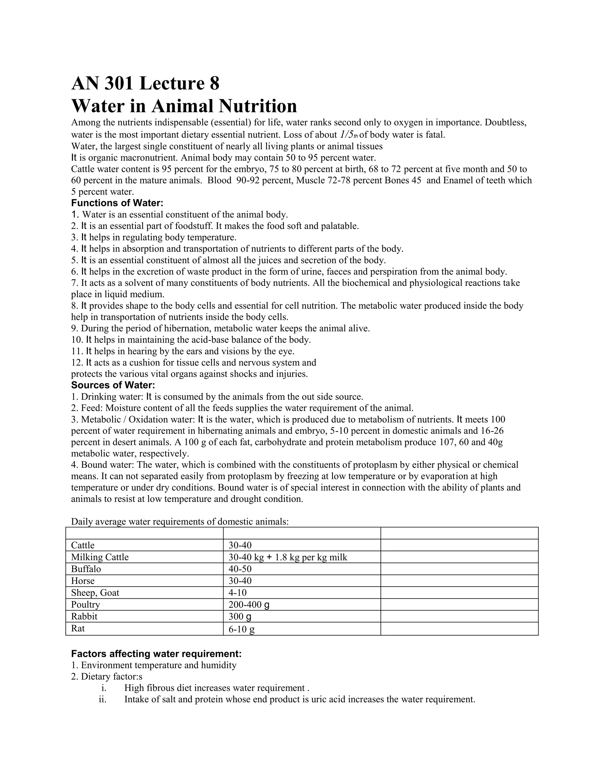 Water in animal nutrition | DOCX