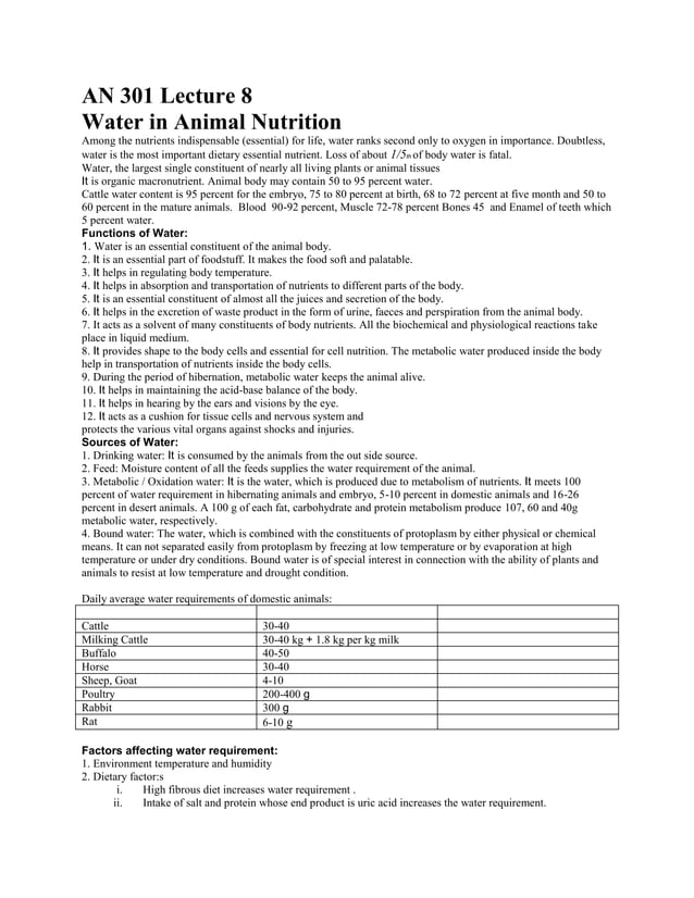 Water in animal nutrition | DOCX | Endocrine and Metabolic Diseases ...