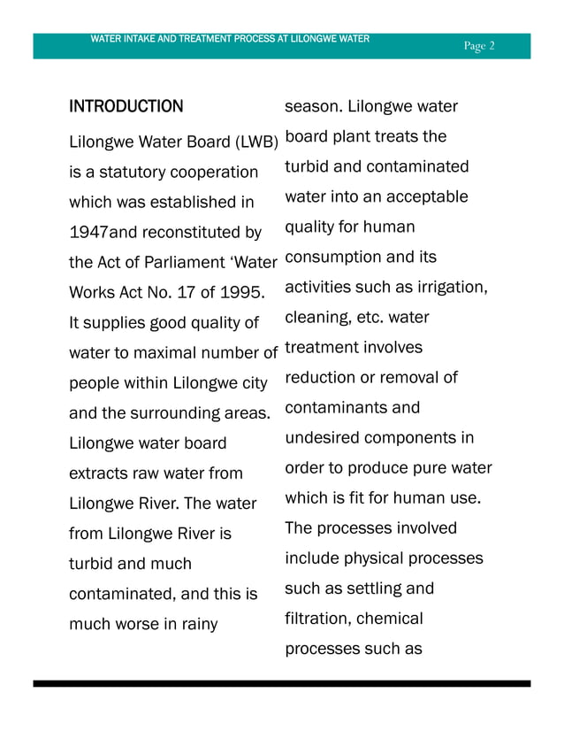 Water intake and treatment process at lilongwe water board | PDF ...