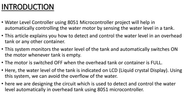 Water level controller using 8051 microcontroller | PPTX