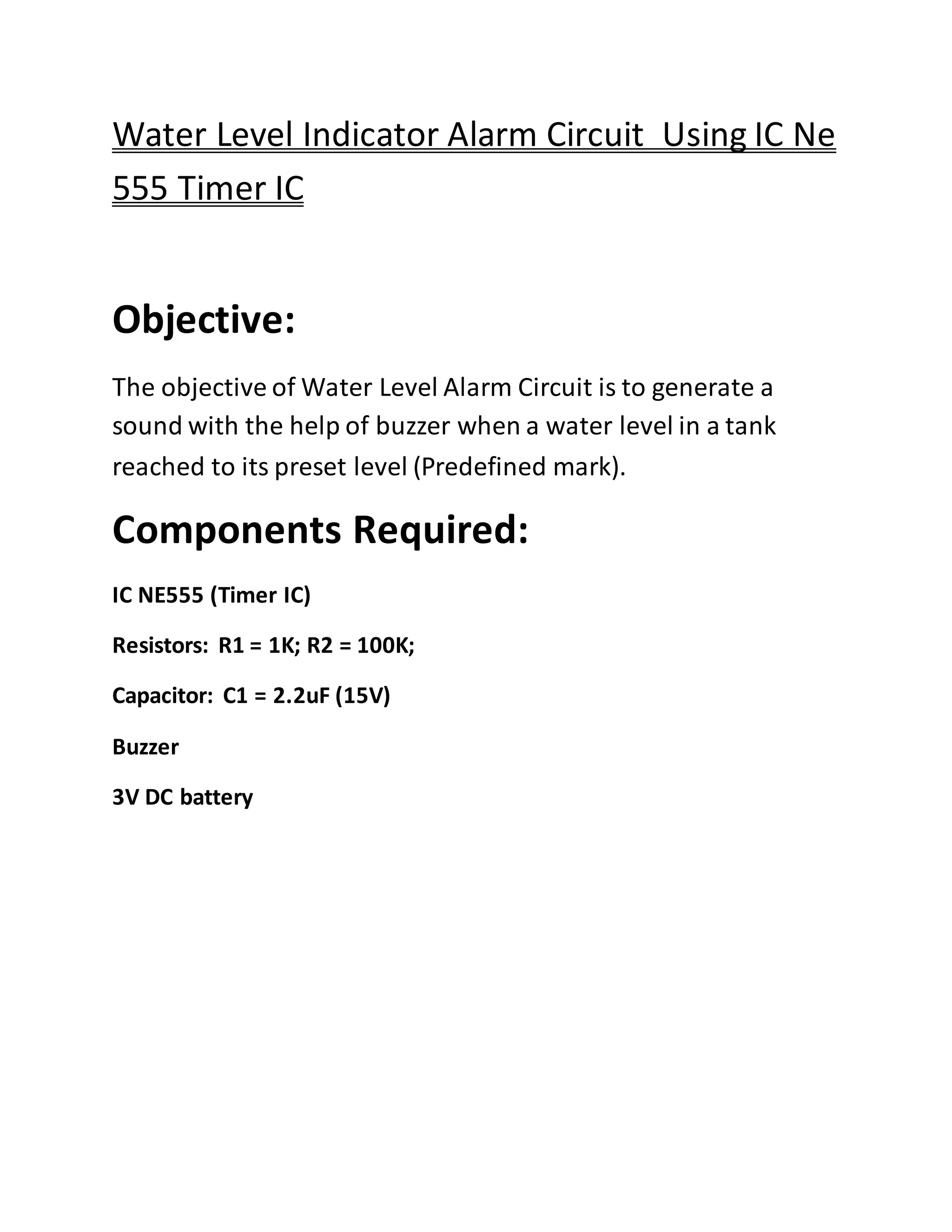 Water level indicator alarm circuit using ic ne 555 timer ic | DOCX