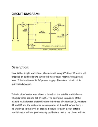 Water level indicator alarm circuit using ic ne 555 timer ic | DOCX