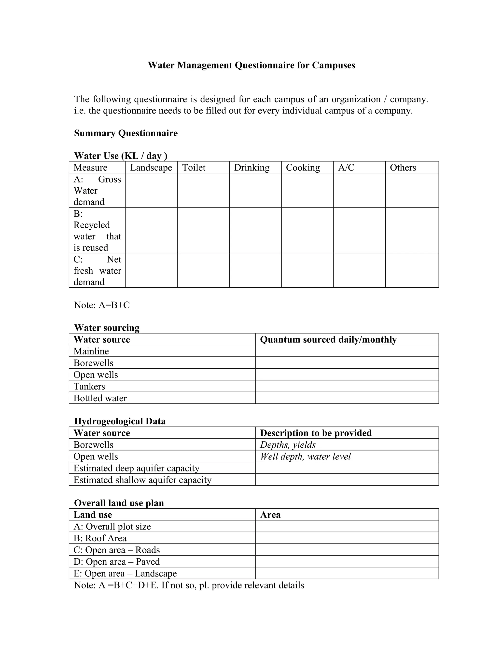 Water management questionnaire for industrial and institutions | DOC