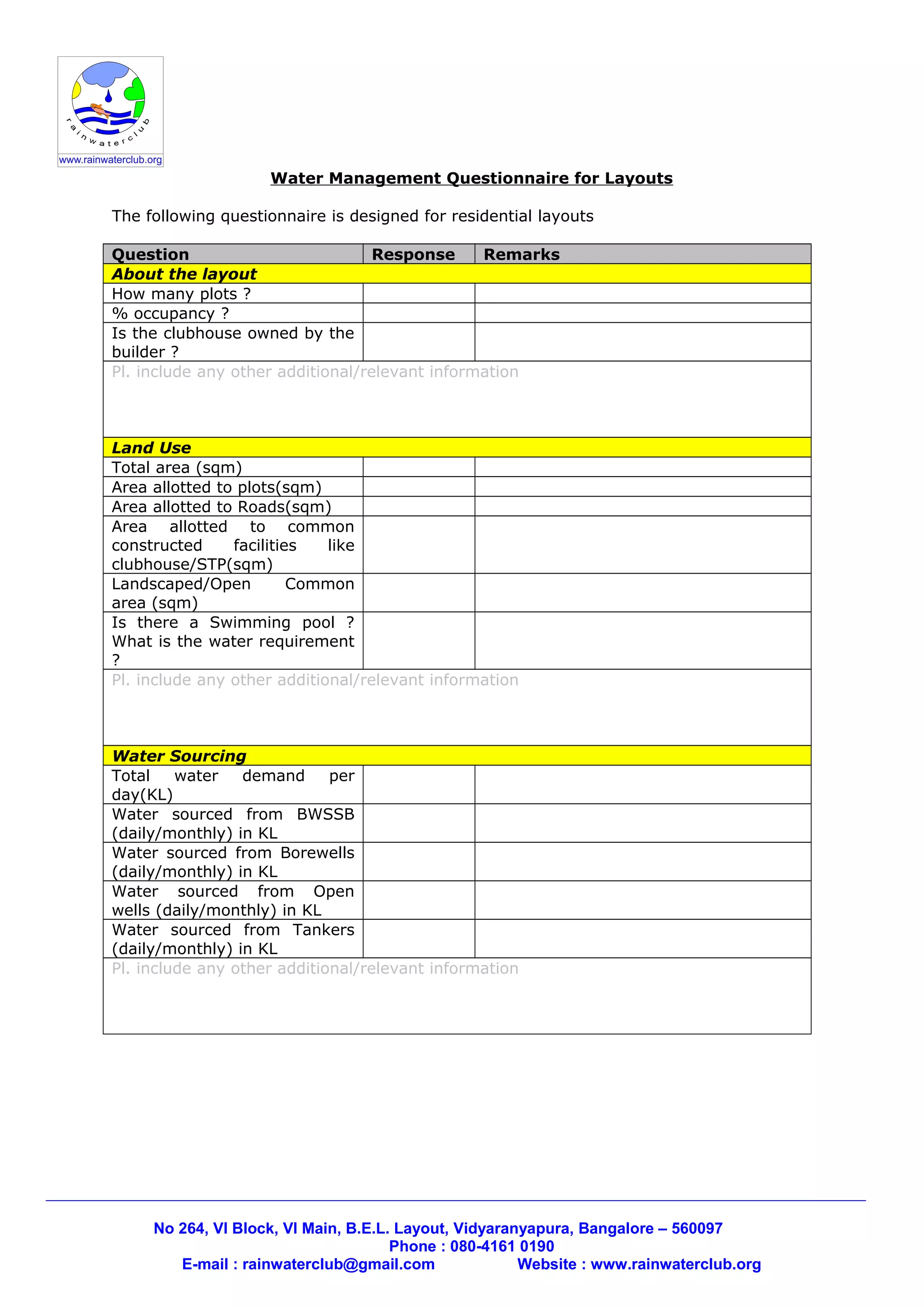 Water management questionnaire for layouts | DOC