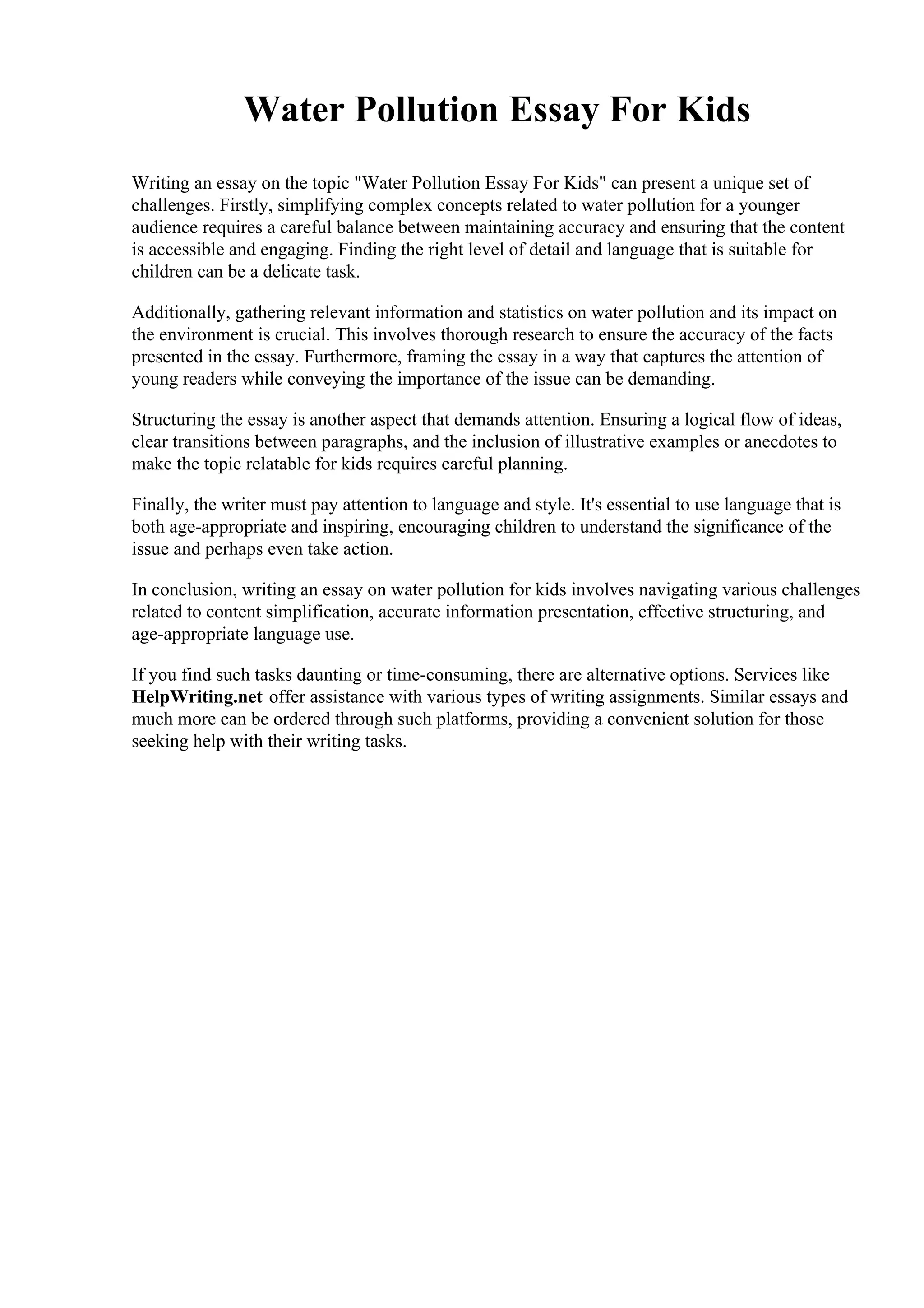 Water Pollution Essay For Kids. Lycoming College | PDF