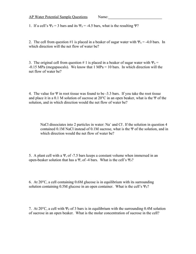 Water potential practice questions | DOC
