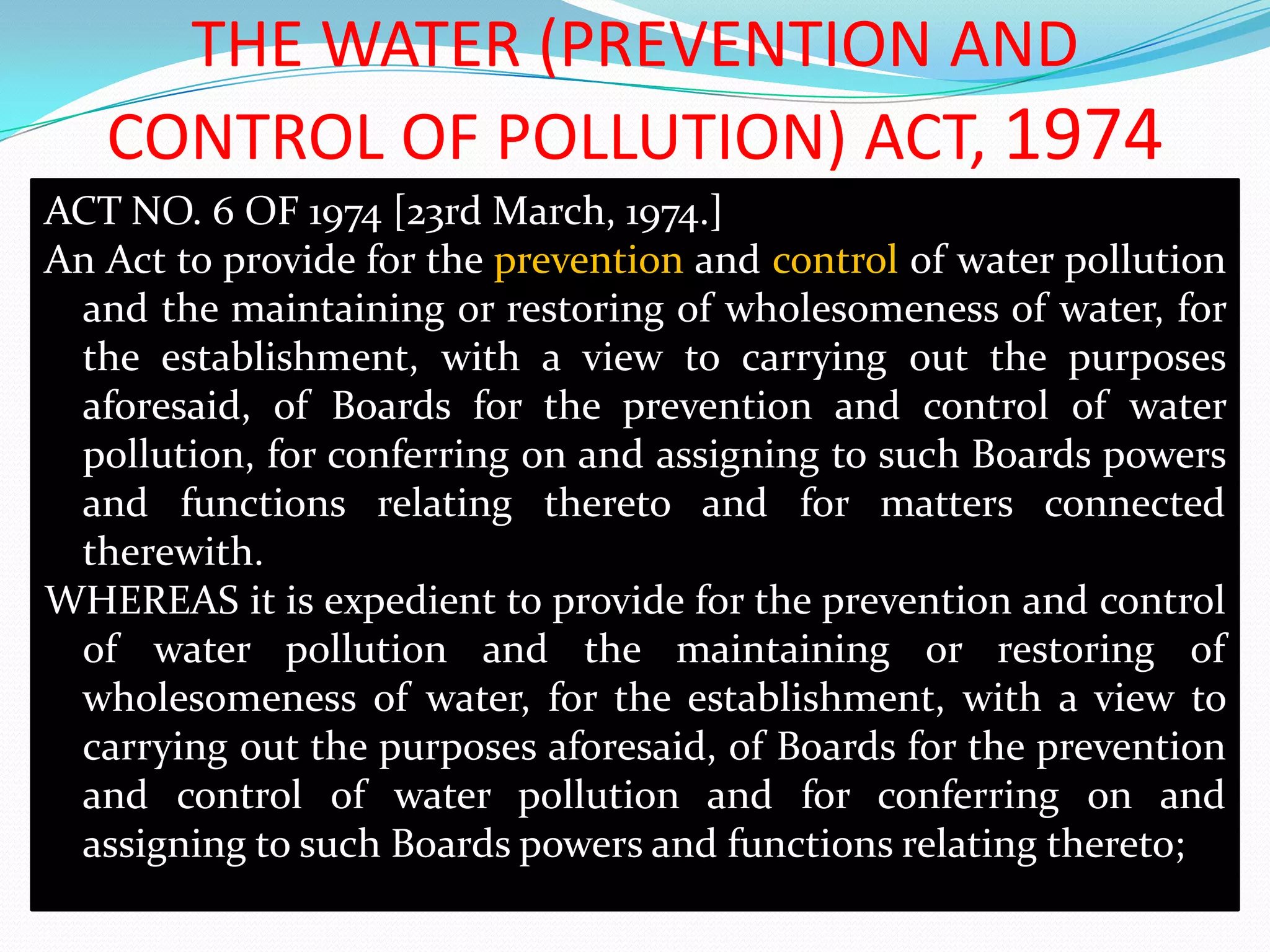 Water (prevention and control of pollution) act, 1974 | PDF