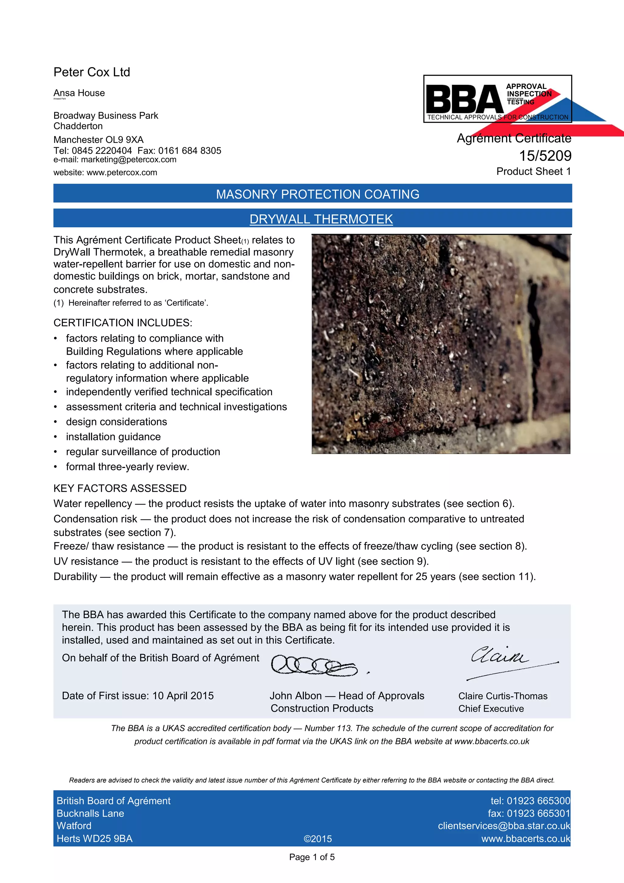 Peter Cox - Waterproofing Brickwork Certificate | PDF