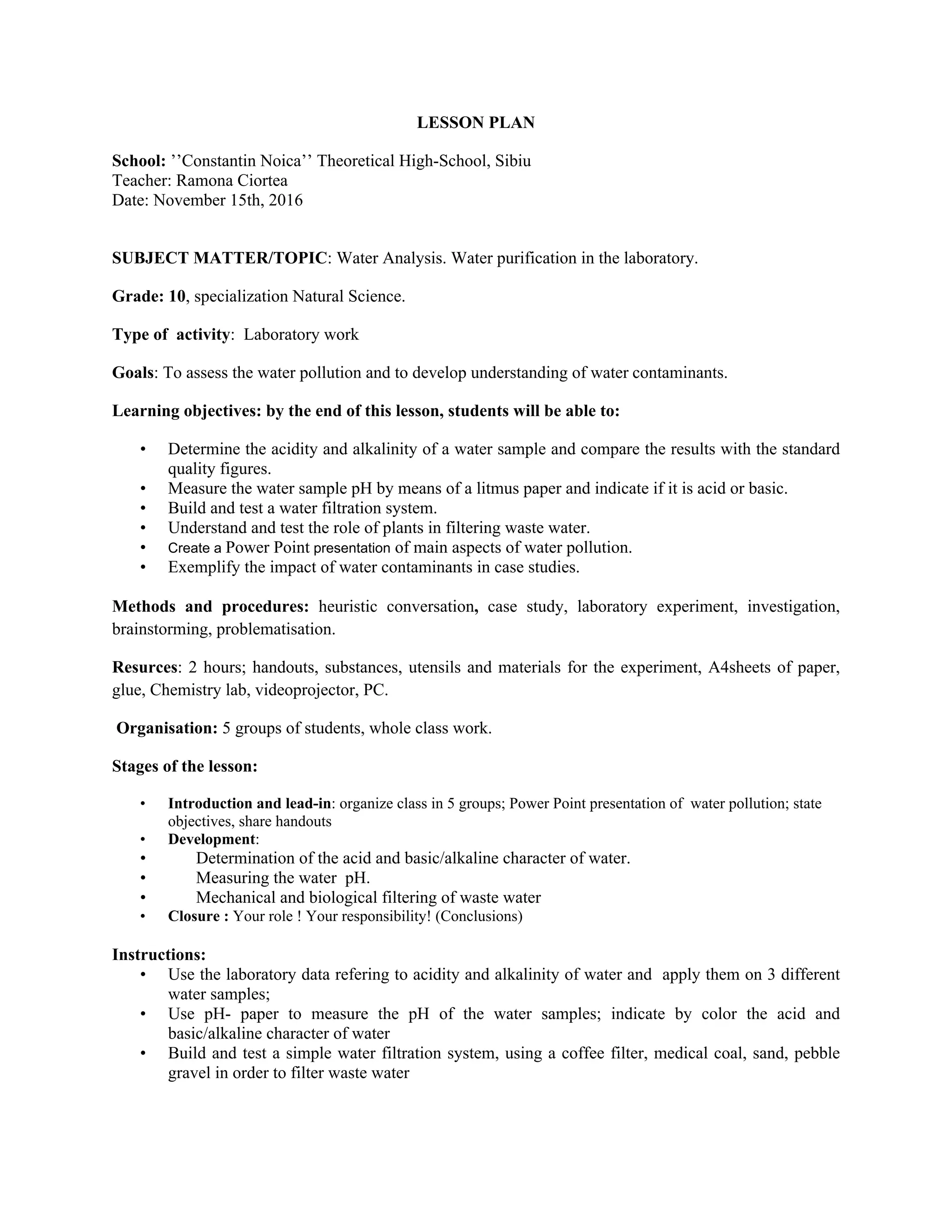 Water Purification in the Laboratory - Lesson Plan | PDF