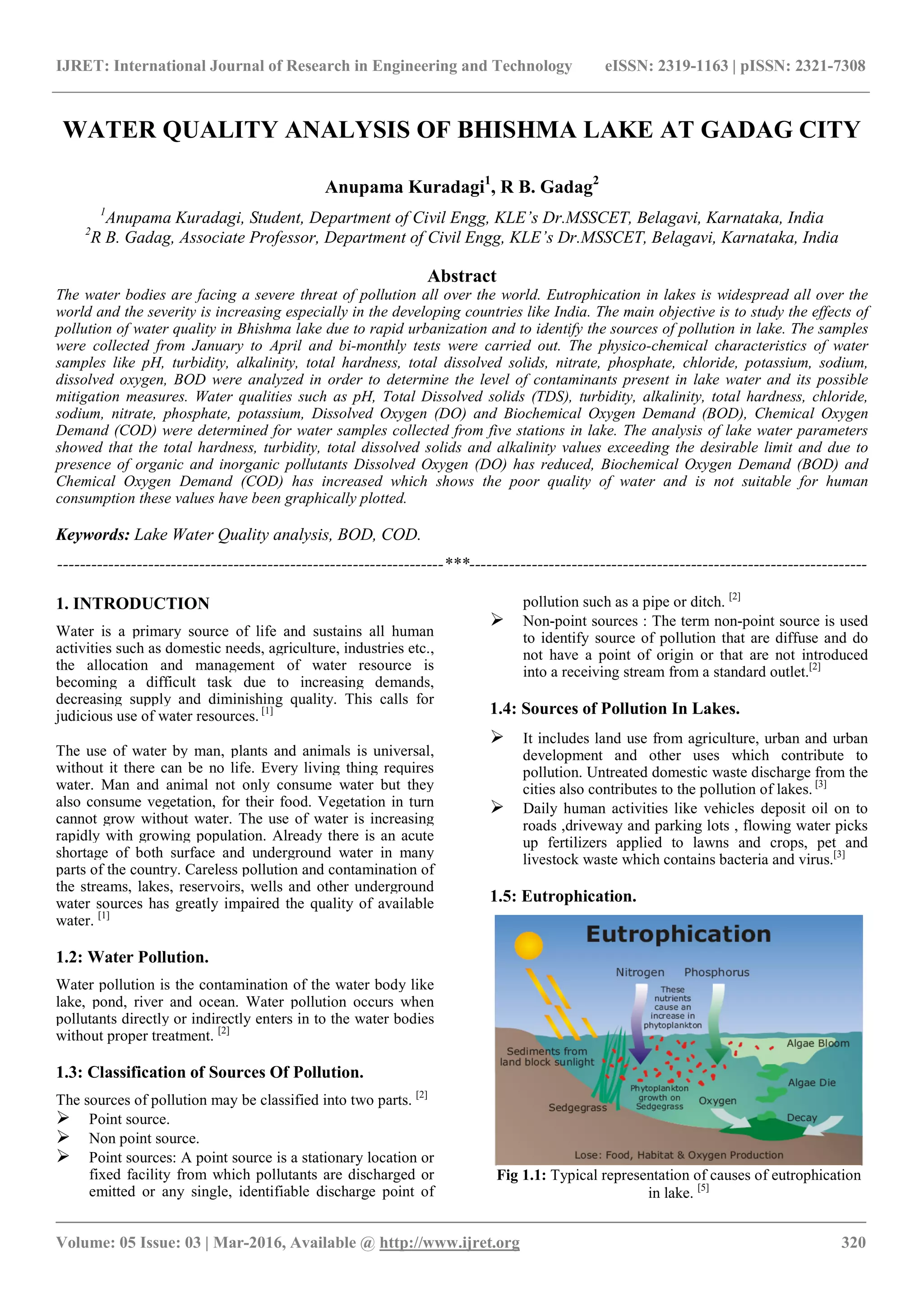 Water quality analysis of bhishma lake at gadag city | PDF
