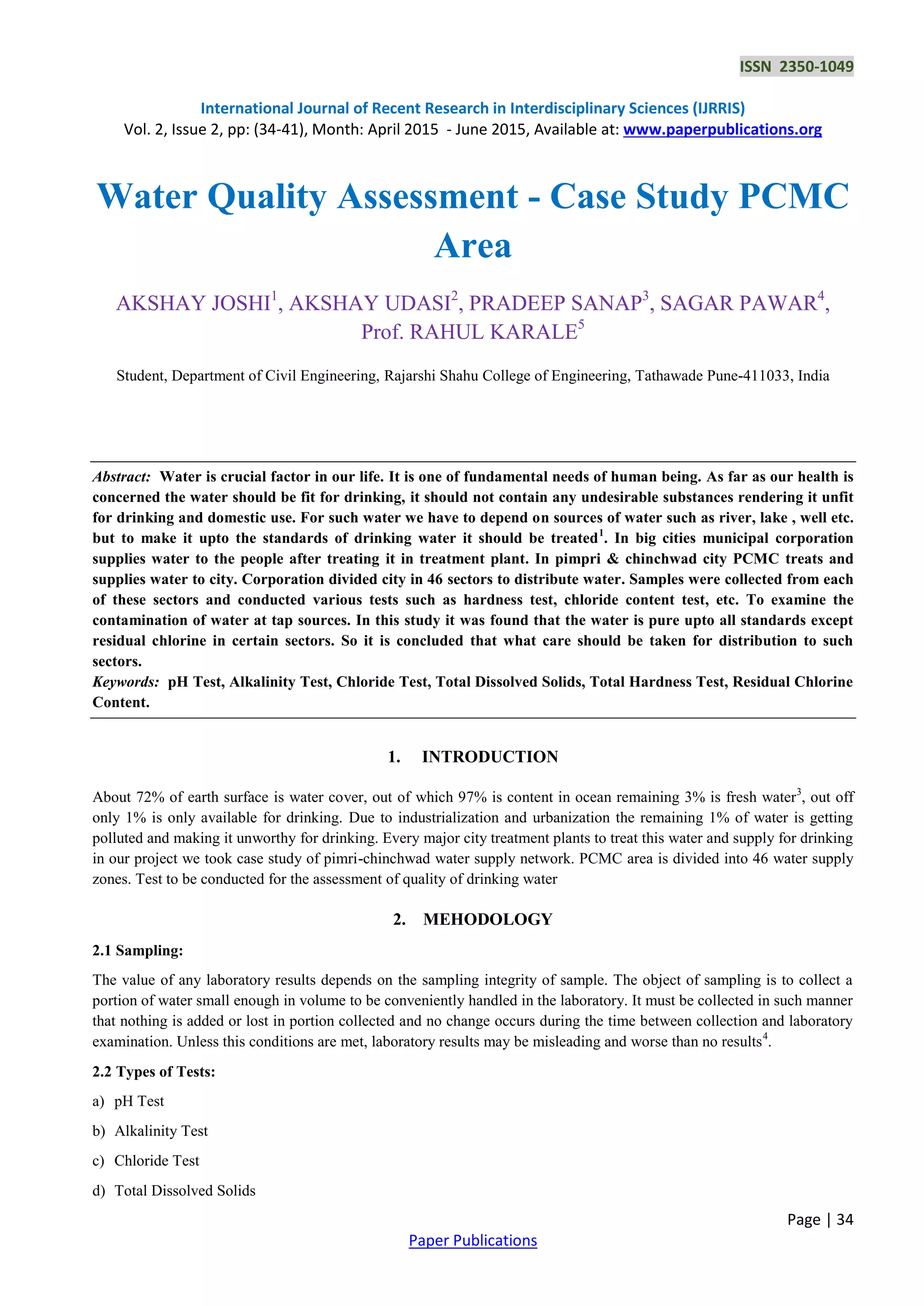 Water Quality Assessment - Case Study PCMC Area | PDF