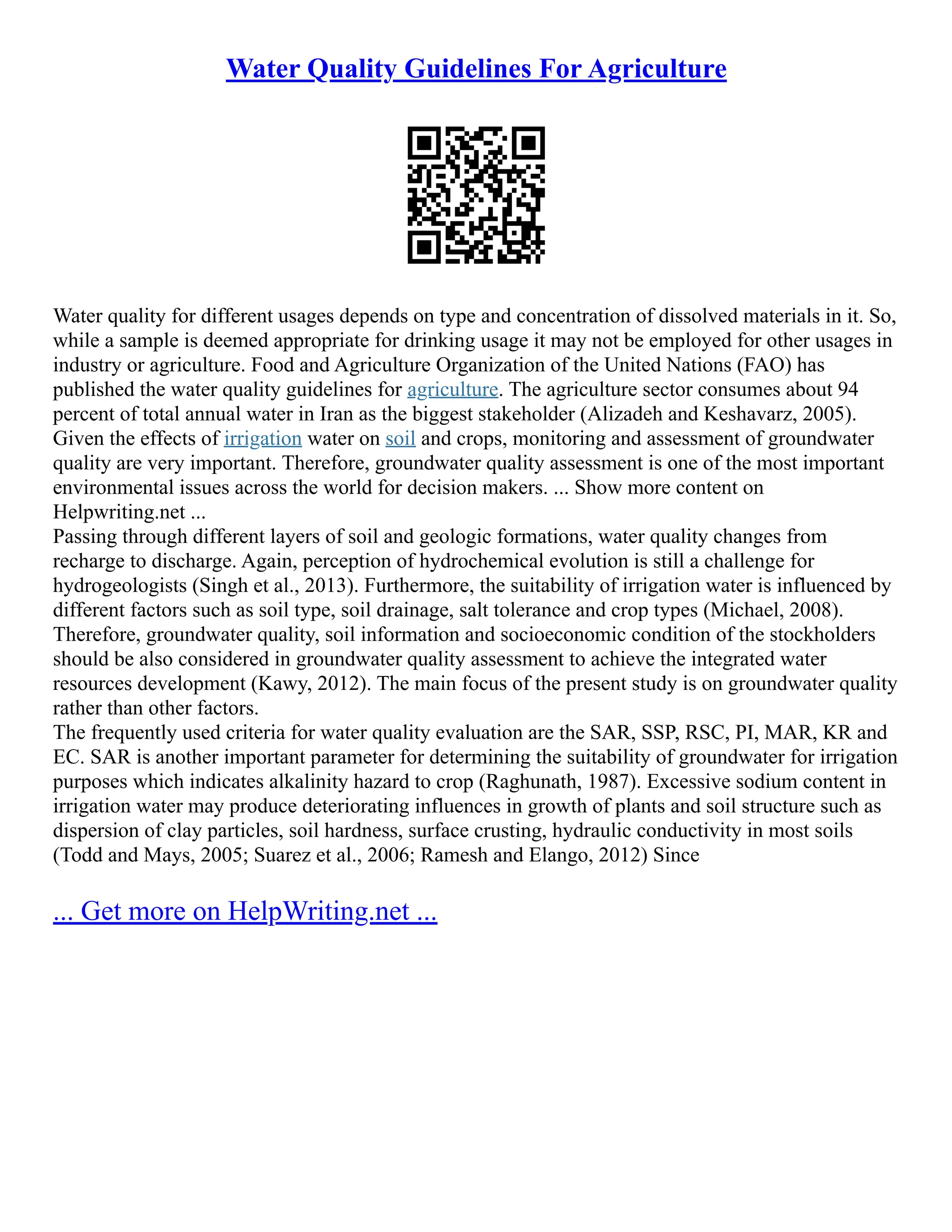 Water Quality Guidelines For Agriculture | PDF