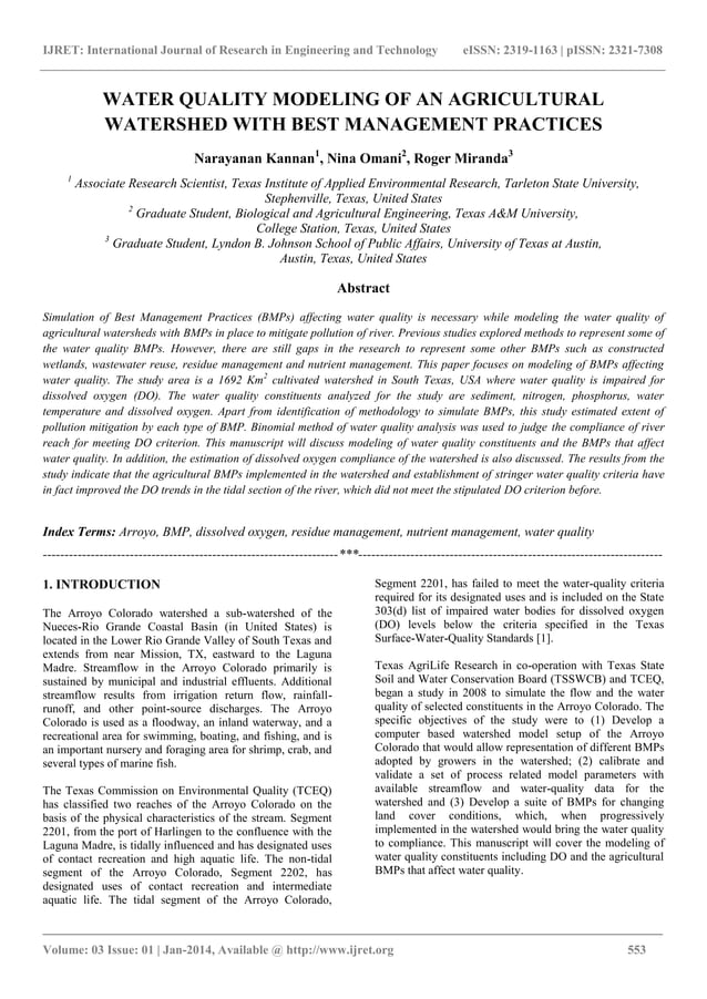 Water Quality Modeling Of An Agricultural Watershed With Best Management Practices Pdf
