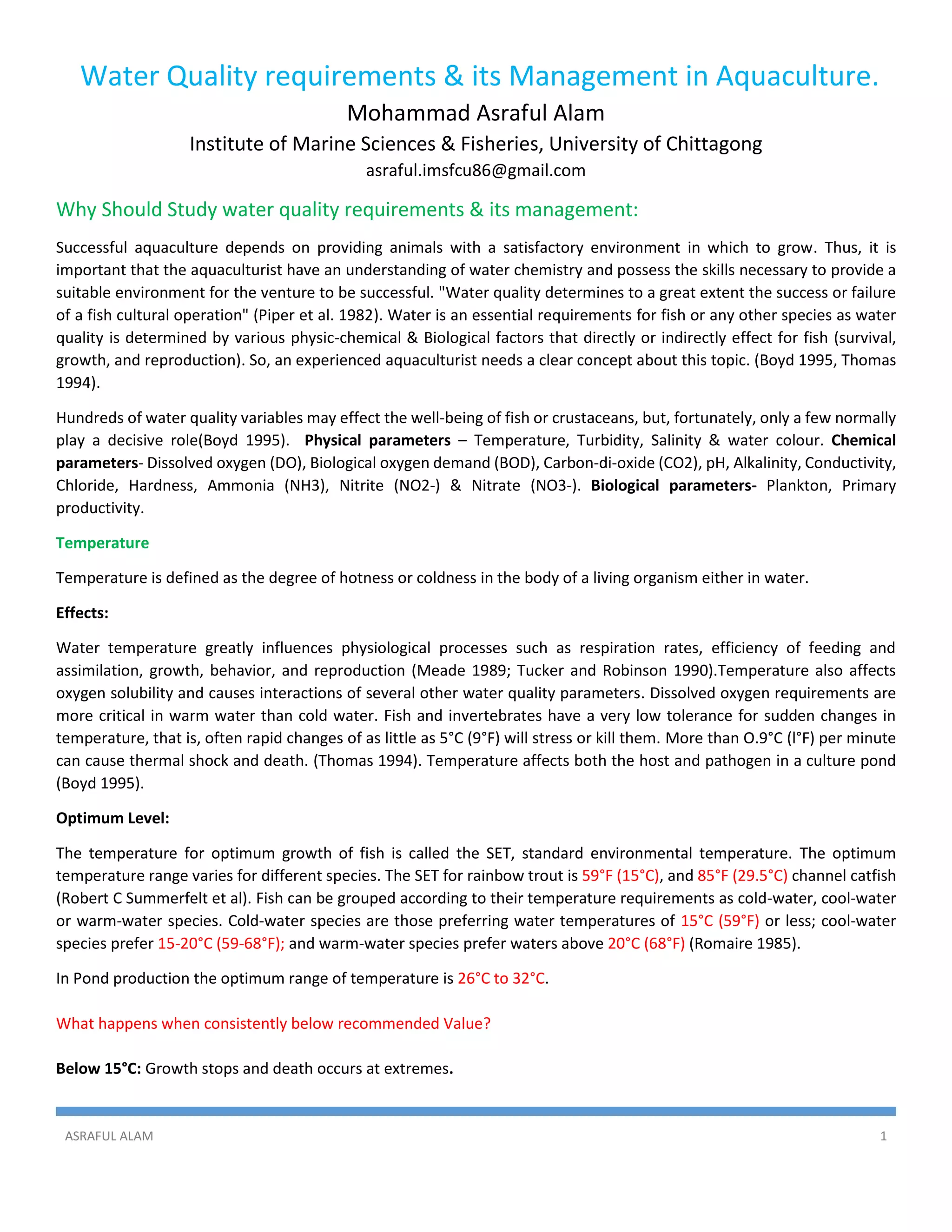Water quality requirements & its management in aquaculture by asraful alam | PDF