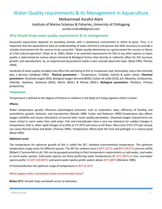 Water quality requirements & its management in aquaculture by asraful ...