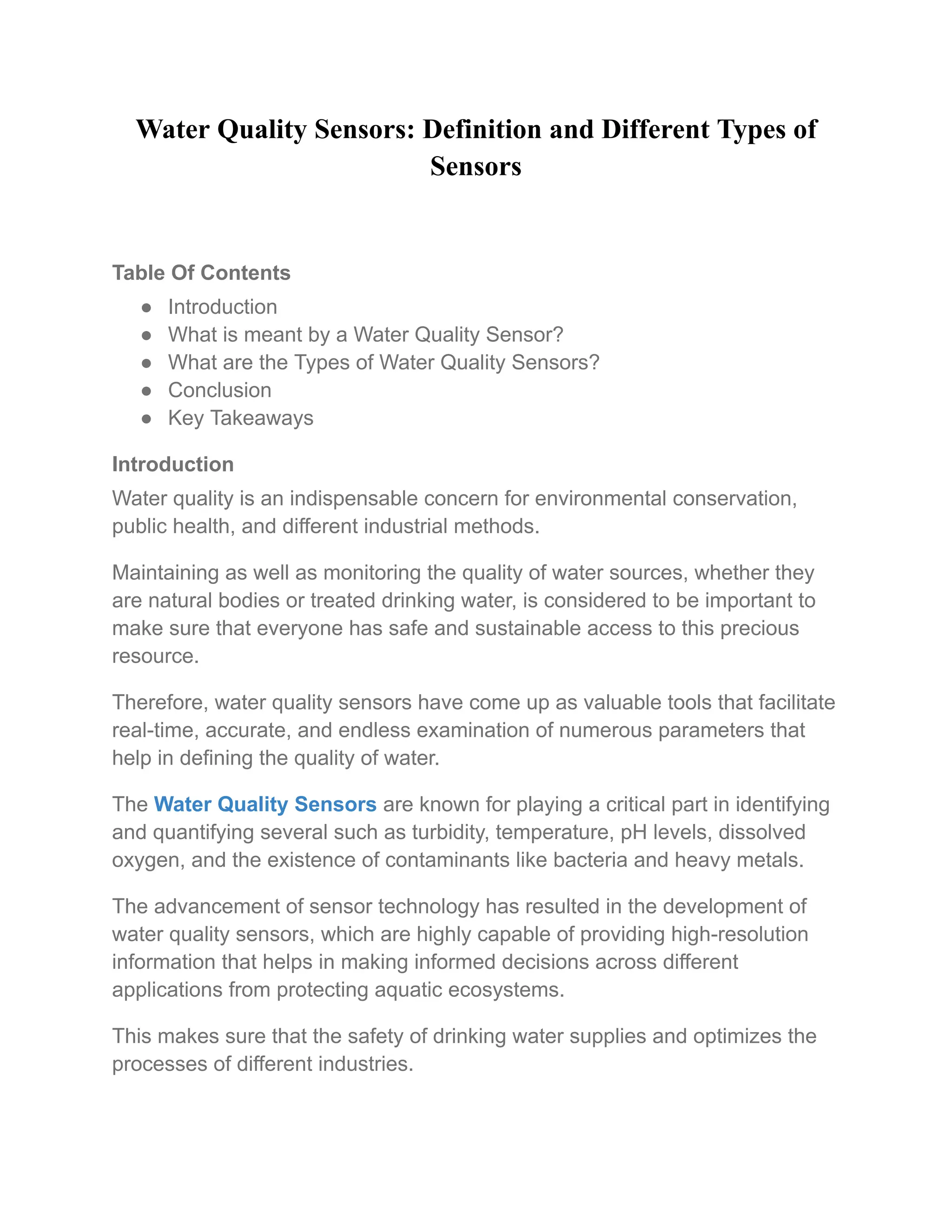 Water Quality Sensors Definition and Different Types of Sensors | PDF