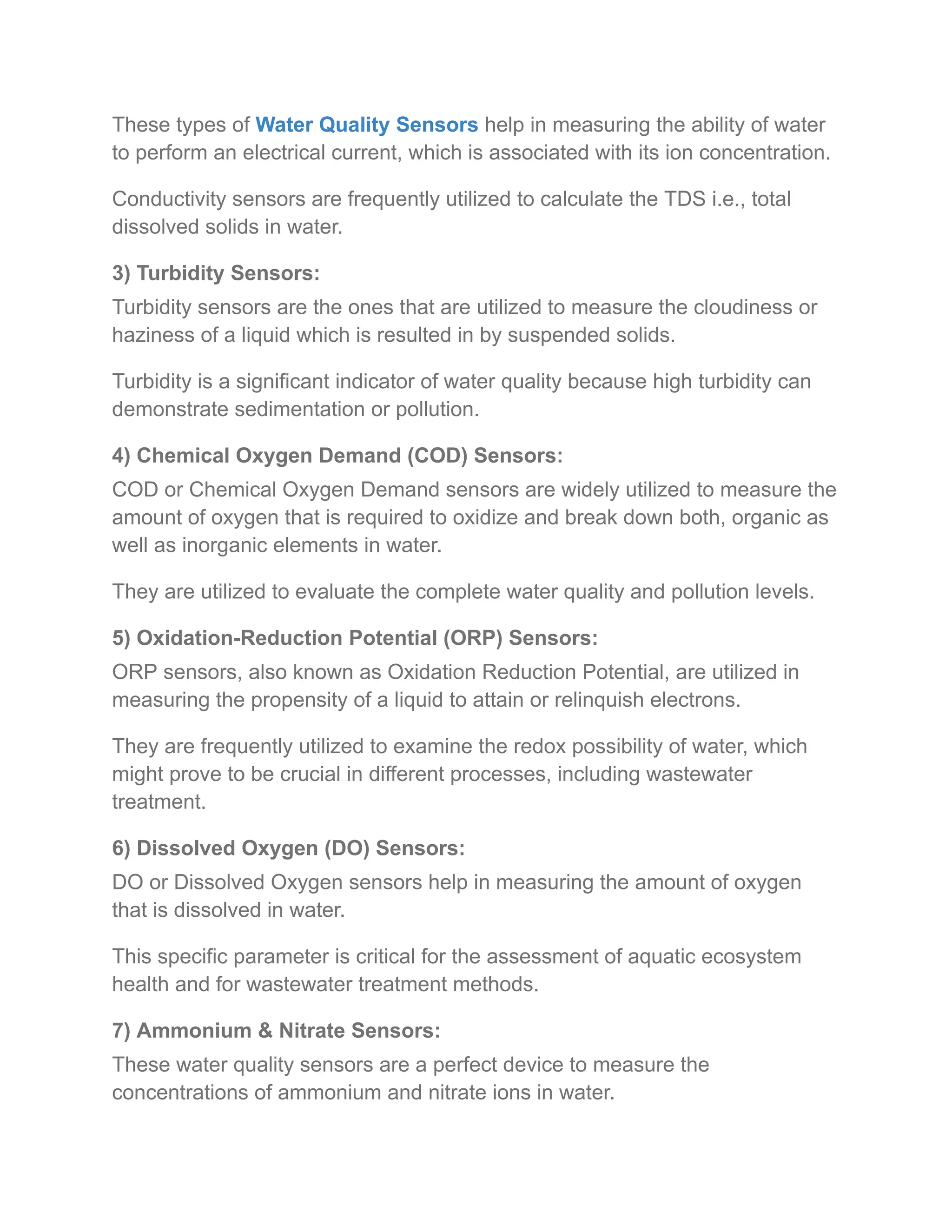 Water Quality Sensors Definition and Different Types of Sensors | PDF