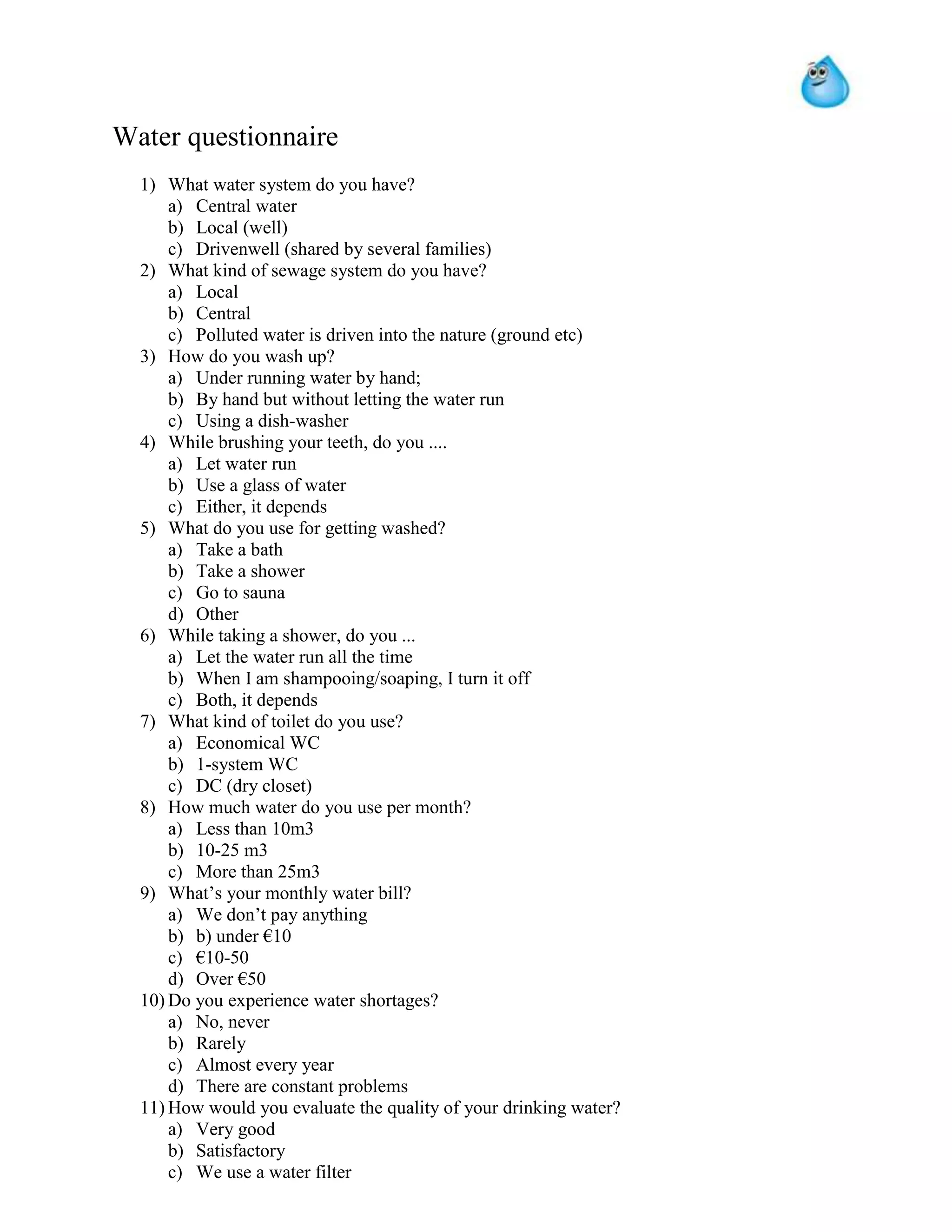 Water questionnaire | PDF