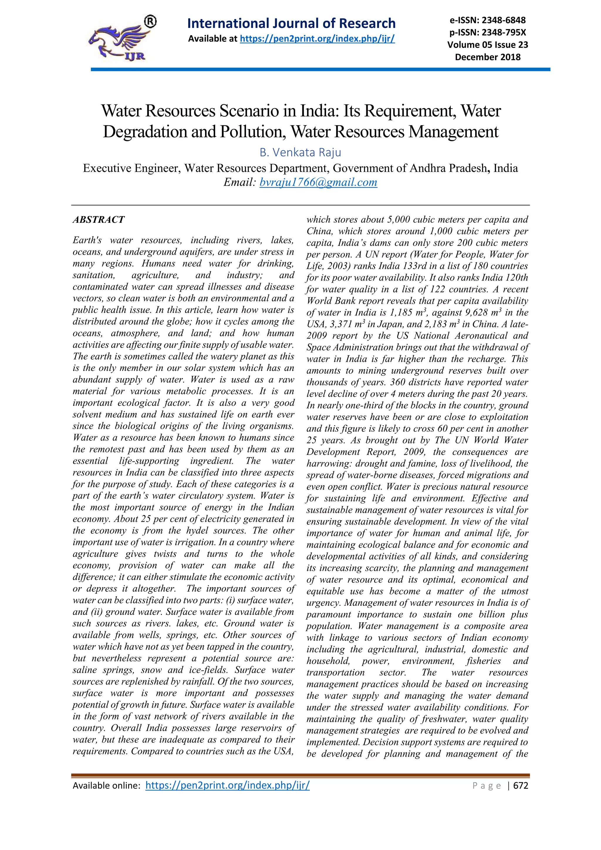 Water Resources Scenario in India Its Requirement, Water Degradation ...